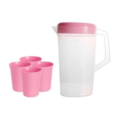 2L PLASTIC WATER JUG WITH 4 STACKABLE CUPS & LID FOR JUICE WATER & COLD ...