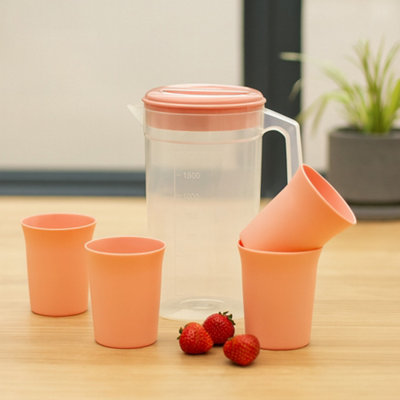 2L PLASTIC WATER JUG WITH 4 STACKABLE CUPS & LID FOR JUICE WATER & COLD ...