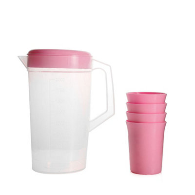 2L PLASTIC WATER JUG WITH 4 STACKABLE CUPS & LID FOR JUICE WATER & COLD ...