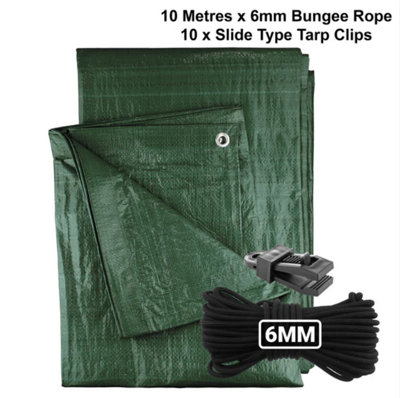 2m x 2m Green M-Grade Tarpaulin with 10 Meters x 6mm Bungee Rope and 10 ...