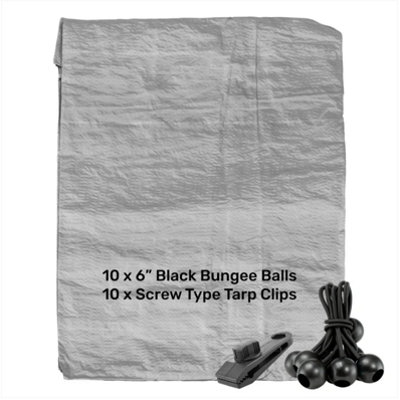 2m x 2m Grey S-Grade Tarpaulin with 10 x 6" Bungee Balls (Black) and 10 ...