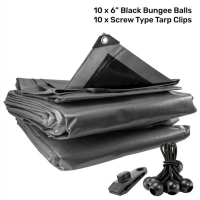 2m x 4m Silver XL-Grade Tarpaulin with 10 x 6" Bungee Balls (Black) and ...