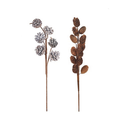 2Pack Decorations Pine Cone Stem Natural & Silver Frosted Winter Picks