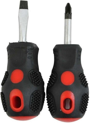 2PC STUBBY SCREWDRIVER SET FLAT SLOTTED HEAD PZ2 POZI DRIVE HAND TOOL DIY