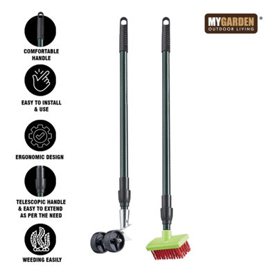 2pc Telescopic Weed Brush & Scraper Broom Head Patio Deck Scrub Block ...