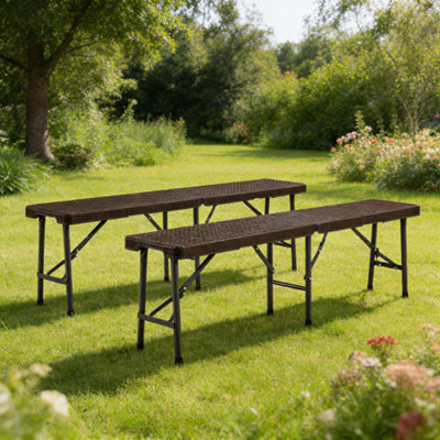 2Pcs Brown Rattan Effect Plastic Outdoor Garden Folding Bench Set with ...