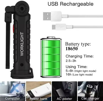 2Pcs Small Magnetic LED Flashlight Portable USB Rechargeable Work Light ...