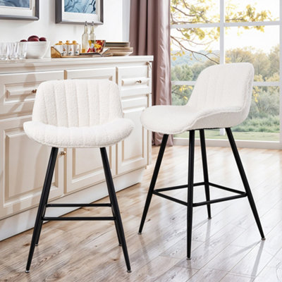 2PCS White Sherpa Fleece Upholstered Bar Stools with Backrest and Footrest
