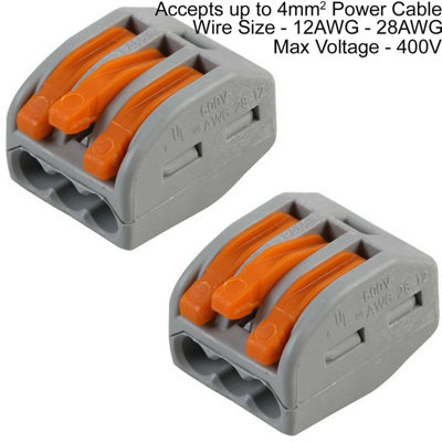 2x 3 Way WAGO Connector 32A Electrical Lever Terminal Block Push Fit ...
