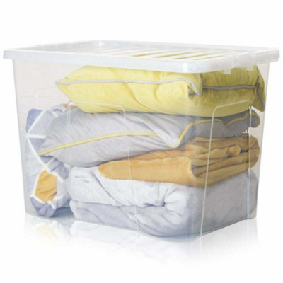 2x 80 Litres CLEAR PLASTIC Large Storage Box With Lids Strong Nestable