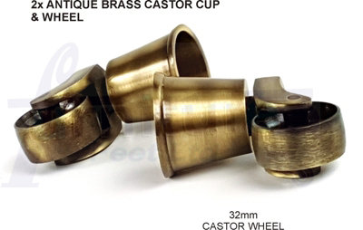 2x ANTIQUE BRASS CASTOR & CUP REPLACMENT 32mm ANTIQUE BRASS CASTORS FIX ...