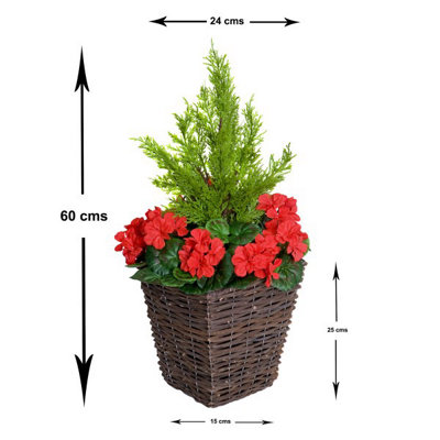 2x Artificial Rattan Patio Planters with Red Geraniums and Cedar Topiary