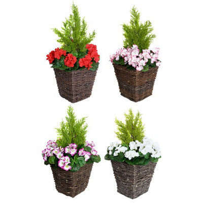 2x Artificial Rattan Patio Planters with White Geraniums and Cedar Topiary