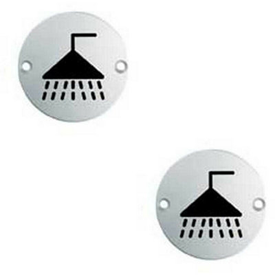2x Bathroom Door Shower Symbol Sign 64mm Fixing Centres 76mm Dia Satin ...