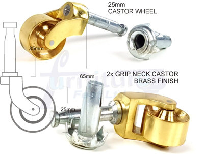 2x BRASS CASTOR & SOCKET PUSH IN CASTORS 25mm BRASS GRIP NECK CASTORS ...