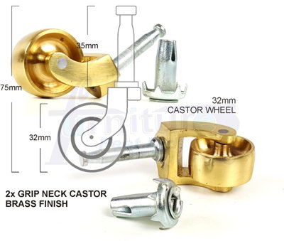 2x BRASS CASTOR & SOCKET PUSH IN CASTORS 32mm BRASS GRIP NECK CASTORS ...