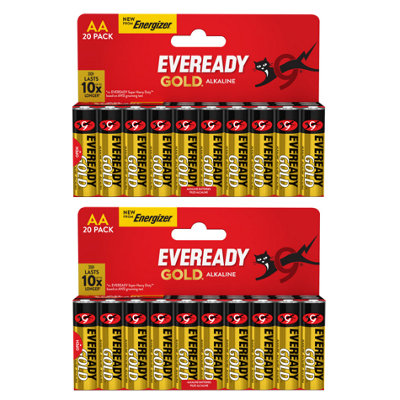 2x Eveready Gold AA Alkaline Batteries, Pack of 20 (40x Batteries in total)
