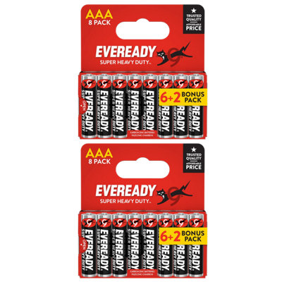 2x Eveready Super Heavy Duty AAA Zinc Carbon Batteries, Pack of 8 (16x ...
