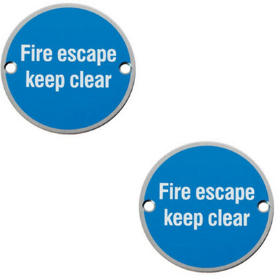 2x Fire Door Keep Clear Sign 64mm Fixing Centres 76mm Dia Satin Steel ...