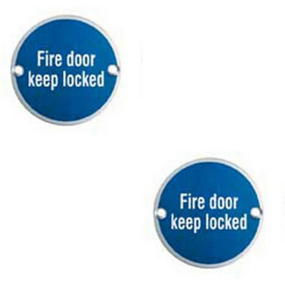 2x Fire Door Keep Locked Sign 64mm Fixing Centres 76mm Dia Satin Steel ...