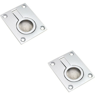 2x Flush Ring Recessed Pull Handle 50 x 38mm 8mm Depth Satin Chrome