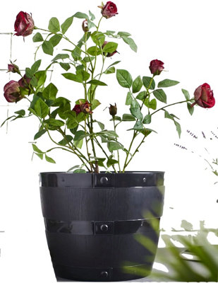 2x Large Black Barrel Planter Round Plastic Plant Pot 50cm Patio Garden ...