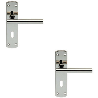 2x Mitred T Bar Lever Door Handle on Lock Backplate 172 x 44mm Polished ...