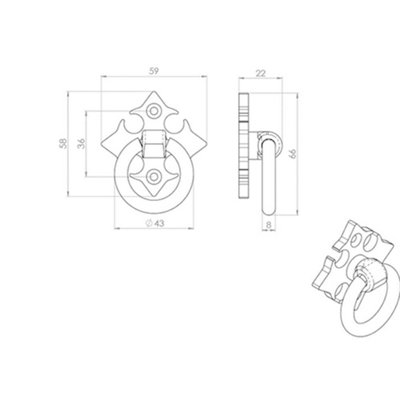 2x Ornate Cabinet Ring Pull on Cross Backplate 35mm Fixing Centres Black Antique