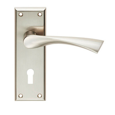 2x PAIR Angular Lever on Lock Backplate Door Handle 150 x 50mm Satin Nickel