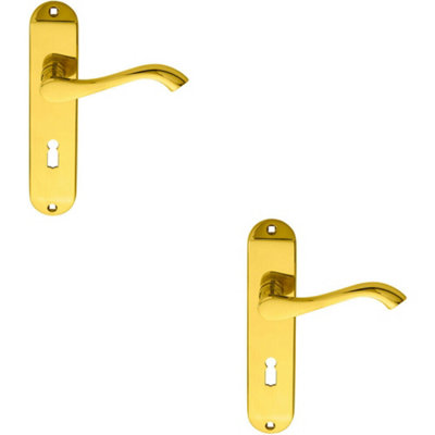 2x PAIR Curved Handle on Chamfered Lock Backplate 180 x 40mm Polished Brass