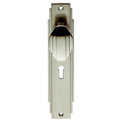 2x PAIR Line Detailed Door Knob on Lock Backplate 205 x 45mm Satin Nickel