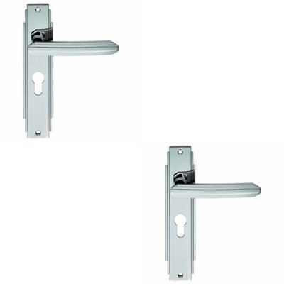 2x PAIR Line Detailed Handle on Euro Lock Backplate 205 x 45mm Polished ...