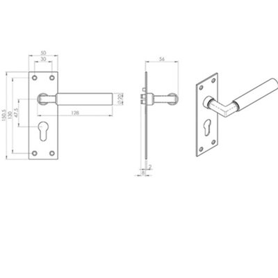 2x PAIR Round Bar Handle on Slim Euro Lock Backplate 150 x 50mm Satin Brass