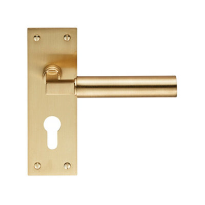 2x PAIR Round Bar Handle on Slim Euro Lock Backplate 150 x 50mm Satin Brass