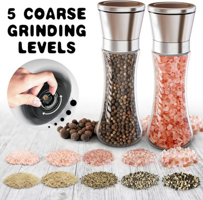 2x Pepper and Salt Grinder Set Mill Adjustable Stainless Steel Shaker ...