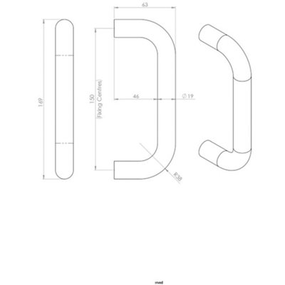 2x Round D Bar Pull Handle 169 x 19mm 150mm Fixing Centres Satin ...
