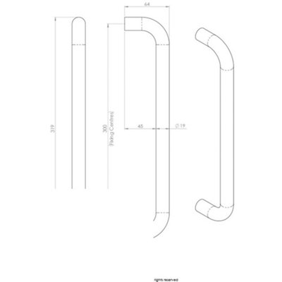 2x Round D Bar Pull Handle 319 x 19mm 300mm Fixing Centres Bright Steel