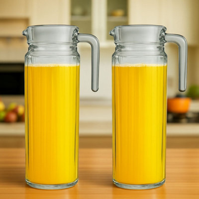 2x Slim Glass Jug 1L Easy Pour Pitchers Non Spill Lid For Milk Water ...