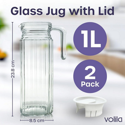 2x Slim Glass Jug 1L Easy Pour Pitchers Non Spill Lid For Milk Water ...