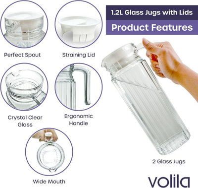 2x Slim Glass Jug 1L Easy Pour Pitchers Non Spill Lid For Milk Water ...