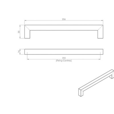 2x Square Linear Block Pull Handle 206 x 14mm 192mm Fixing Centres ...