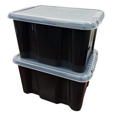2x Stackable 24 Litre Black Plastic Storage Containers With See Through ...