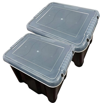 2x Stackable 24 Litre Black Plastic Storage Containers With See Through ...