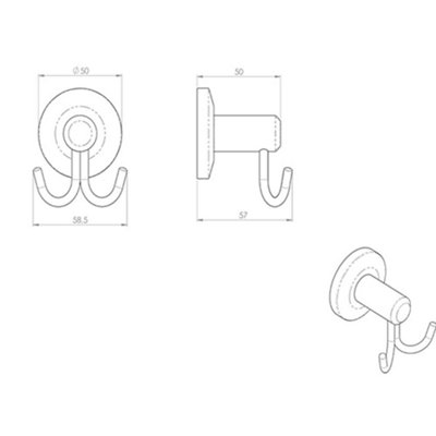 2x Twin Bathroom Robe Hook on Concealed Fix Rose 57mm Projection ...