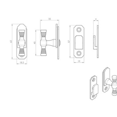 2x Window T Handle Fastener 57 x 19mm Polished Brass Cabinet Door Lock