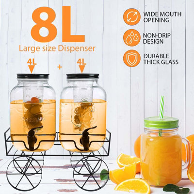 2x4 Litres Dual Double Glass Beverage Drinks Dispenser Screw Lid Jugs ...