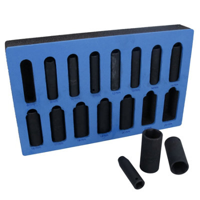 3/8in Drive Deep Metric Impact Impacted Sockets 6 Sided 8mm-22mm 15pc Set