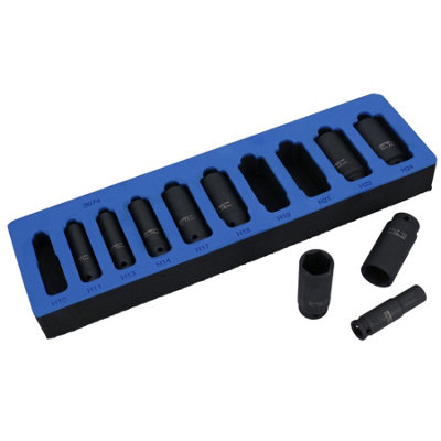 3/8in Drive Deep Metric Impact Sockets 6 Sided Single Hex 10mm-24mm 10pc | DIY at B&Q