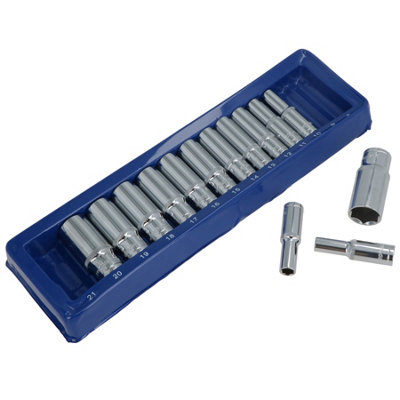 3/8in Drive Double Deep Metric MM Sockets 6 Sided Single Hex 8mm to 21mm 14pc | DIY at B&Q