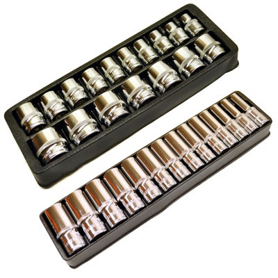3/8in Drive Shallow And Deep Metric 6 Sided Single Hex Sockets 8mm to 21mm 31pc | DIY at B&Q